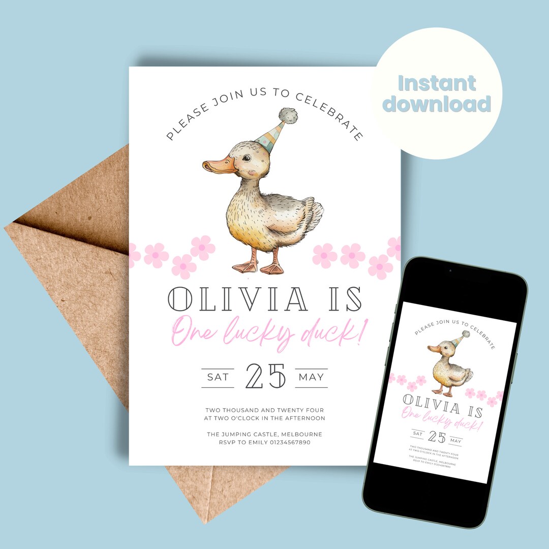 One Lucky Duck Birthday Invitation Template Editable 1st Birthday Pink ...