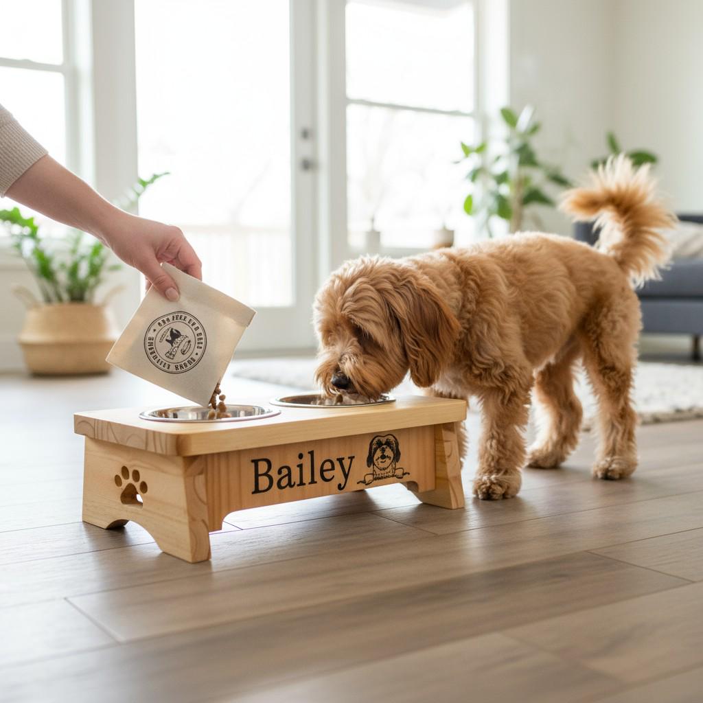 Personalized Dog Bowl Stand | Custom Name & Breed Engraving | Elevated ...