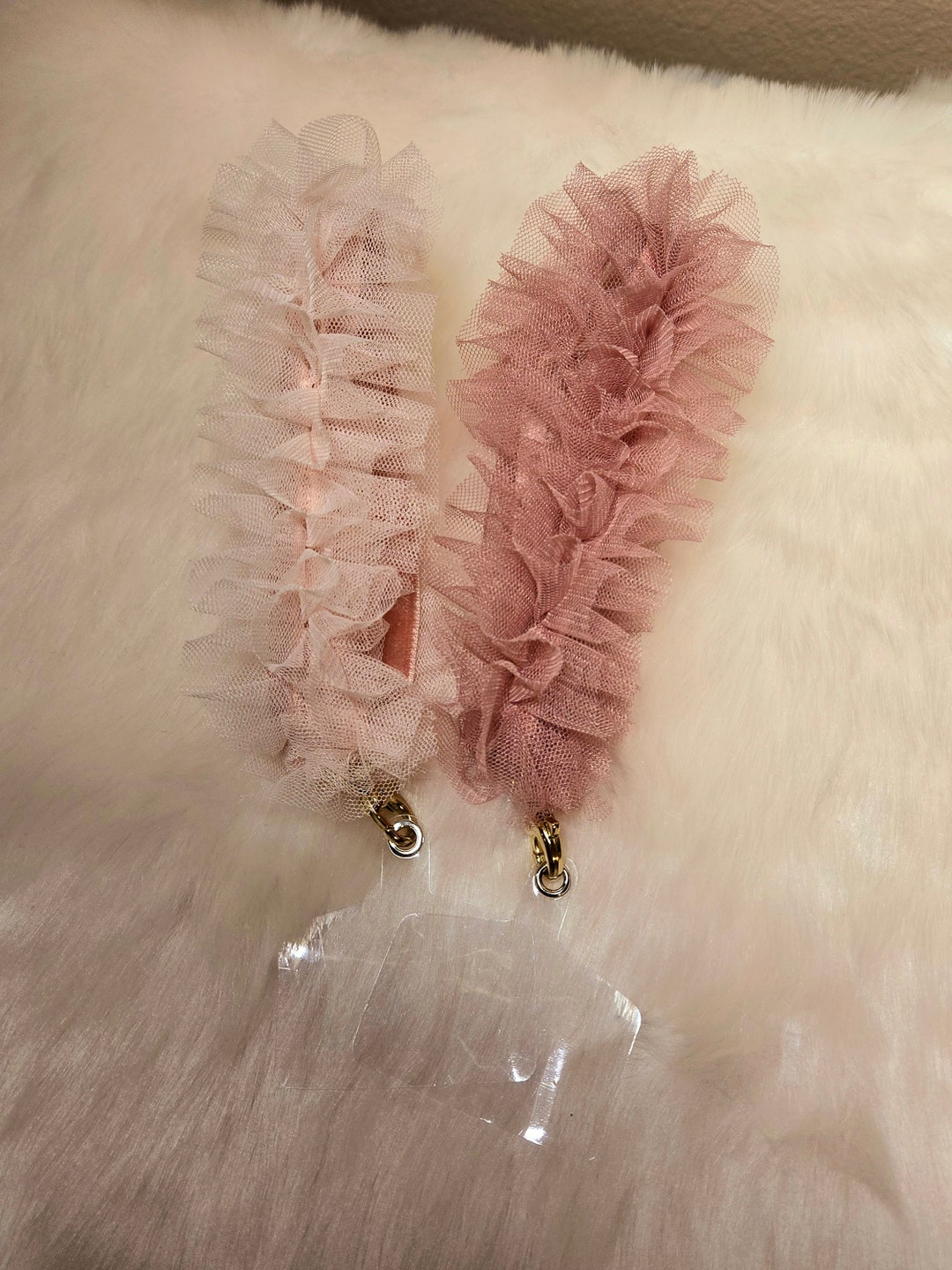 Fluffy Tulle Lace Mobile Phone Strap With Clear Tether Patch Tabs Dusty ...