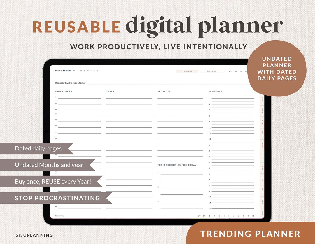 UNDATED Reusable Digital Planner, Minimal Daily Planner, Goodnotes ...