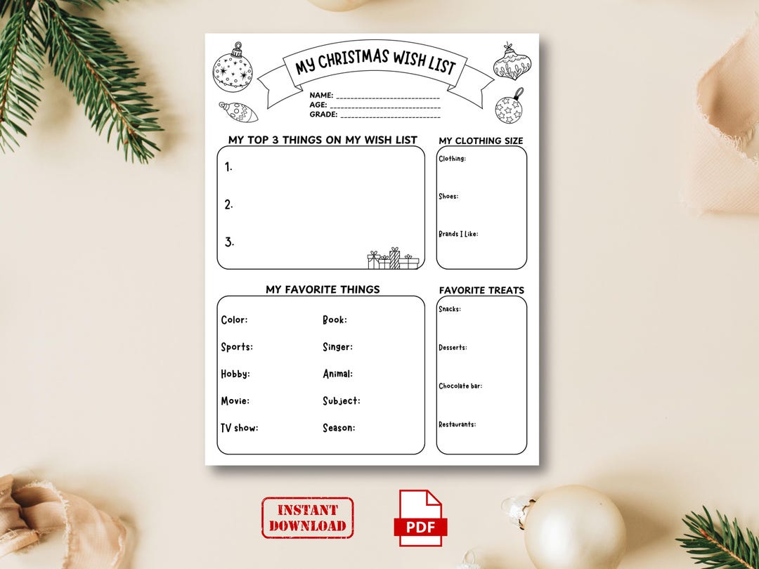 Kids Christmas Wish List Template, Printable Questionnaire (digital ...