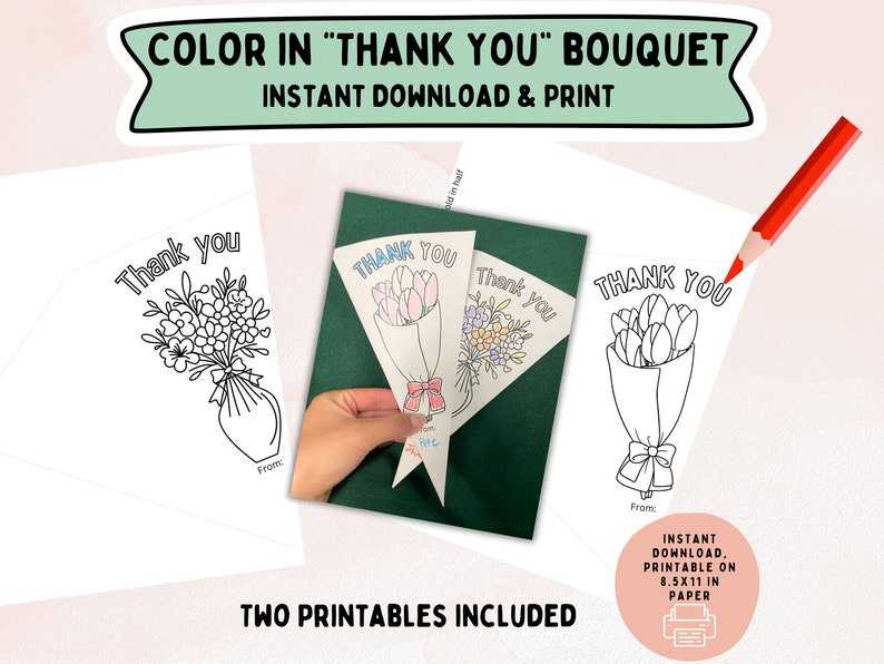 Color in Thank You Bouquet Card, Teacher Appreciation (PDF Printable ...