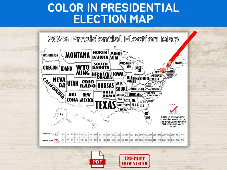 2024 Election Map, Vote Tracker Coloring Page (digital Download) - Etsy