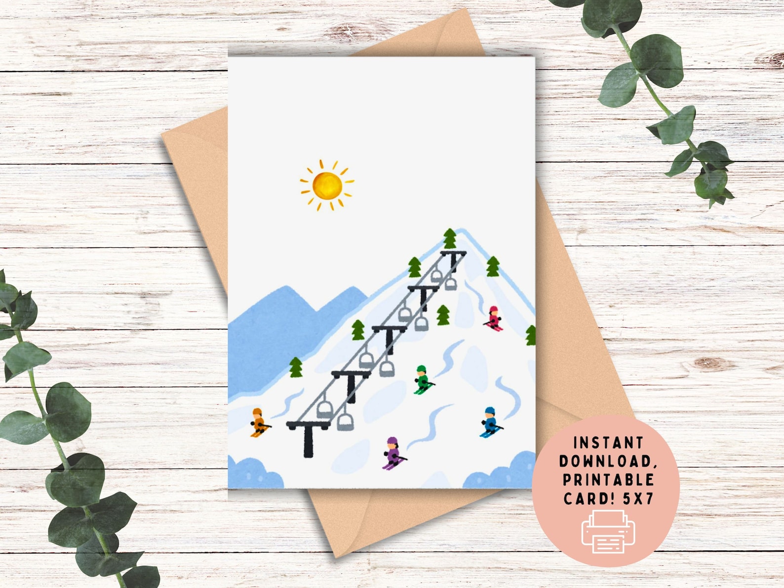 Ski Digital Printable Greeting Card, Skiing Downloadable Card, Instant ...