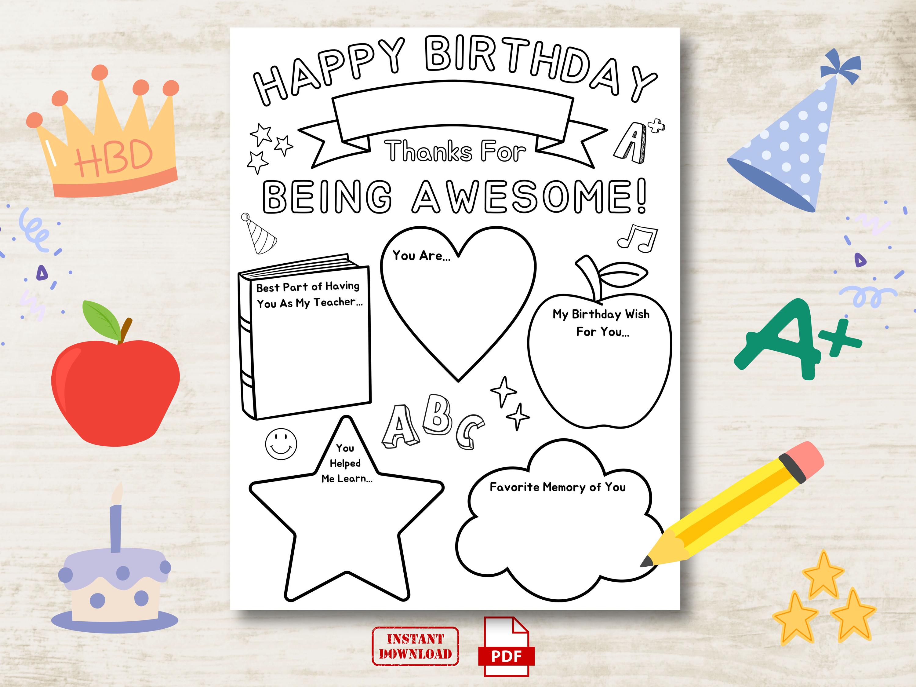 Happy Birthday Teacher Coloring Printable, Appreciation Birthday Gift ...
