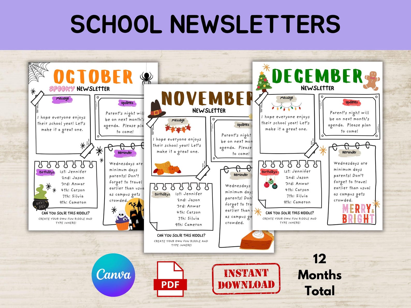 School Newsletter Template Bundle – 12 Editable Templates for Teachers ...