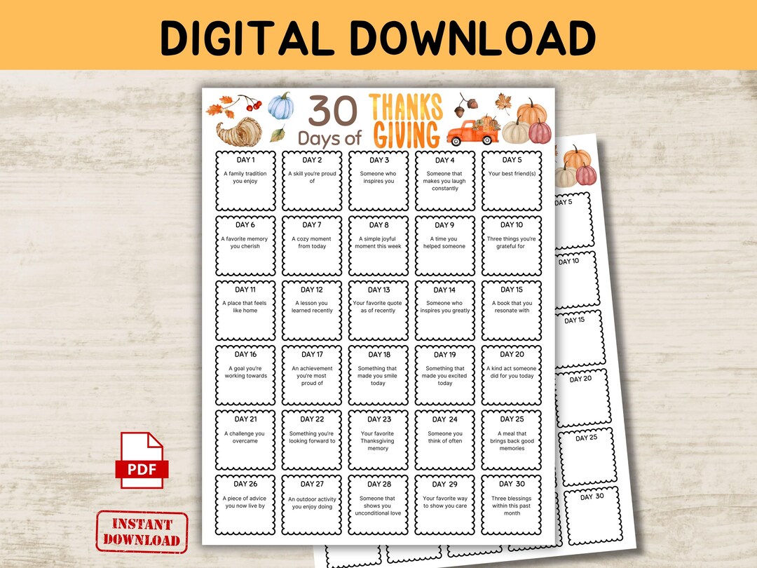 Thanksgiving Gratitude Challenge, 30 Day Activity (digital Download) - Etsy