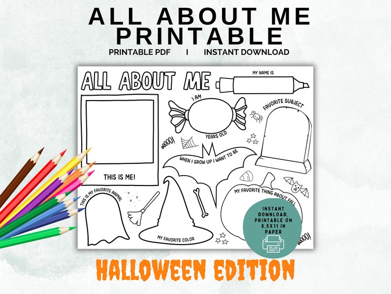 Halloween All About Me Worksheet, Printable Coloring Page (PDF Print ...