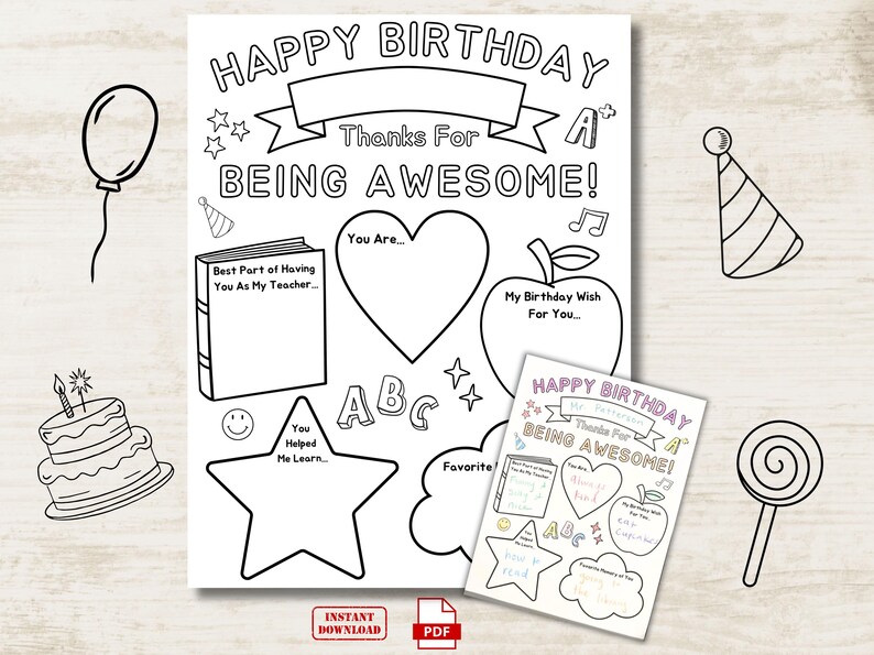 Happy Birthday Teacher Coloring Printable, Appreciation Birthday Gift ...
