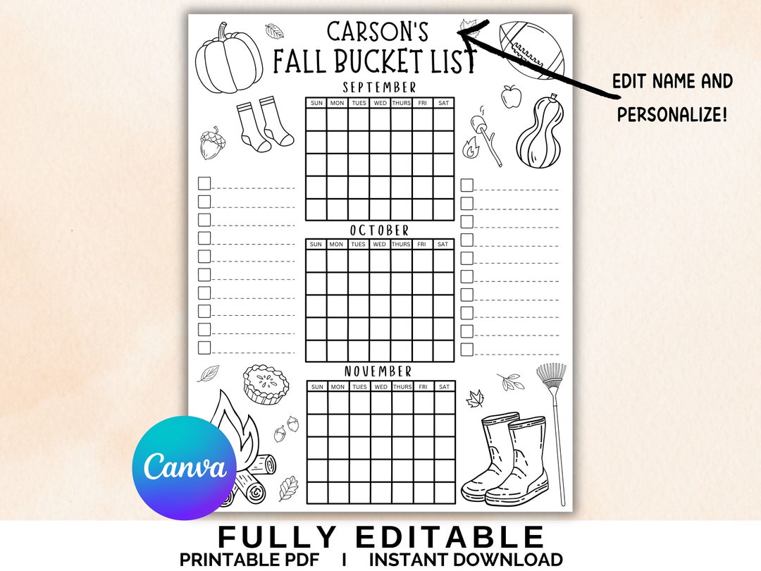 Fall Calendar Poster Printable, Fall Activities Calendar, Editable ...