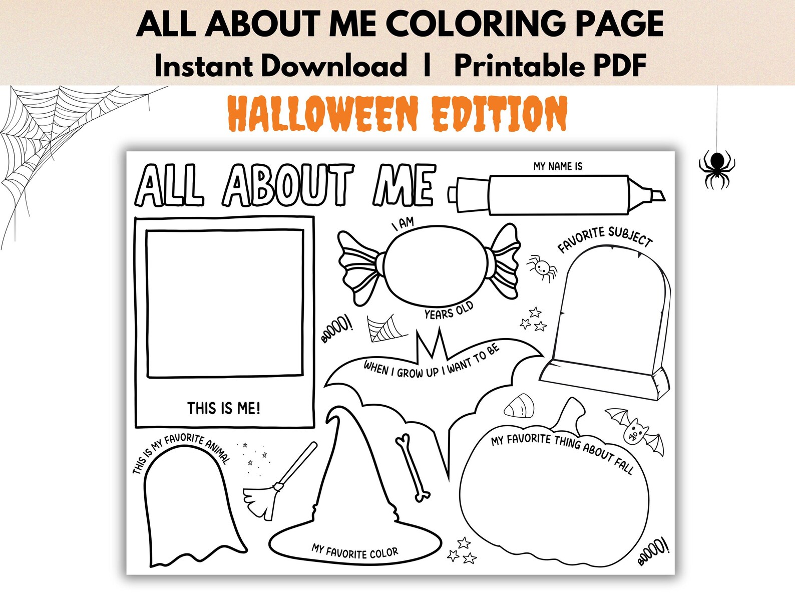 Halloween All About Me Worksheet, Printable Coloring Page (PDF Print ...
