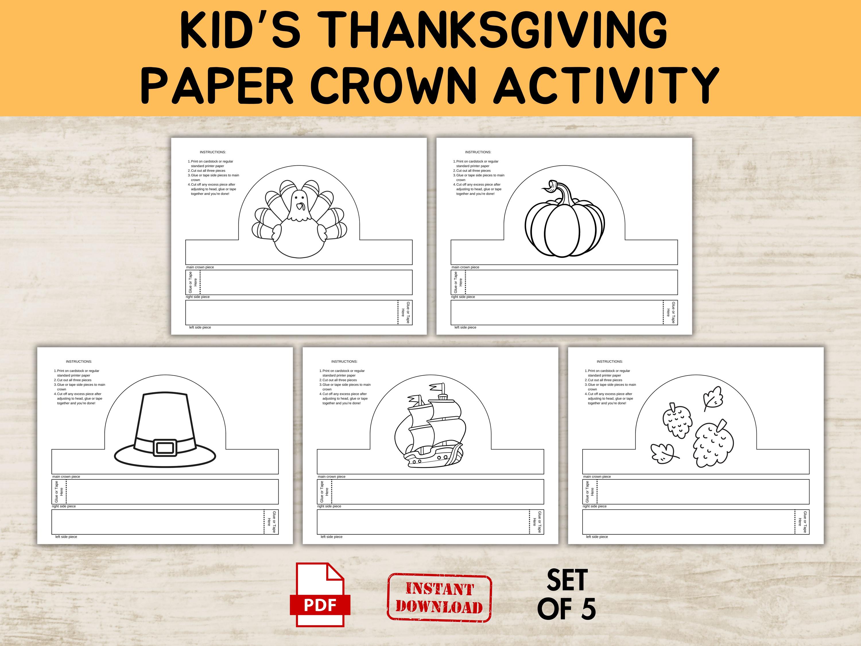 Thanksgiving Paper Crown Coloring Activity, Fall Party Favors (PDF ...