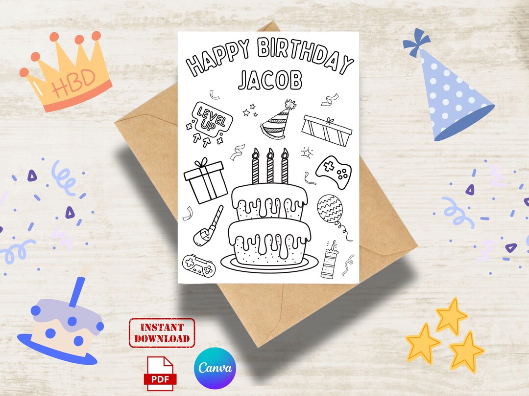 Editable Birthday Coloring Card, Printable Greeting, Boy's Card ...