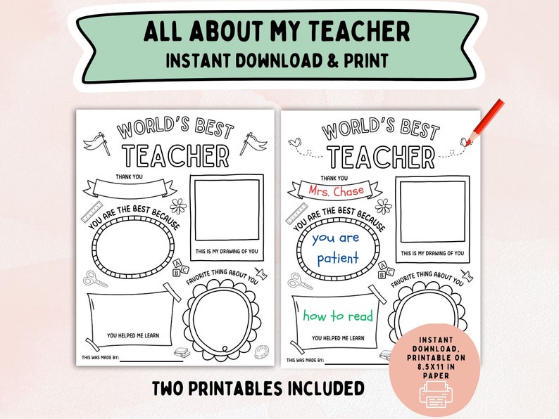 All About My Teacher Printable, Classroom Activity (PDF) - Etsy