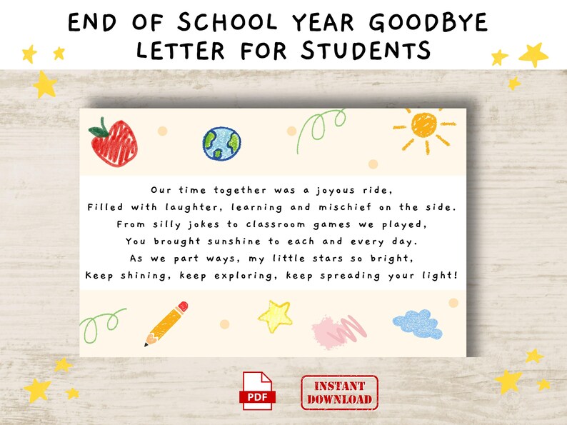 End of Year Goodbye Letter Poem, Printable Teacher Gift (digital ...