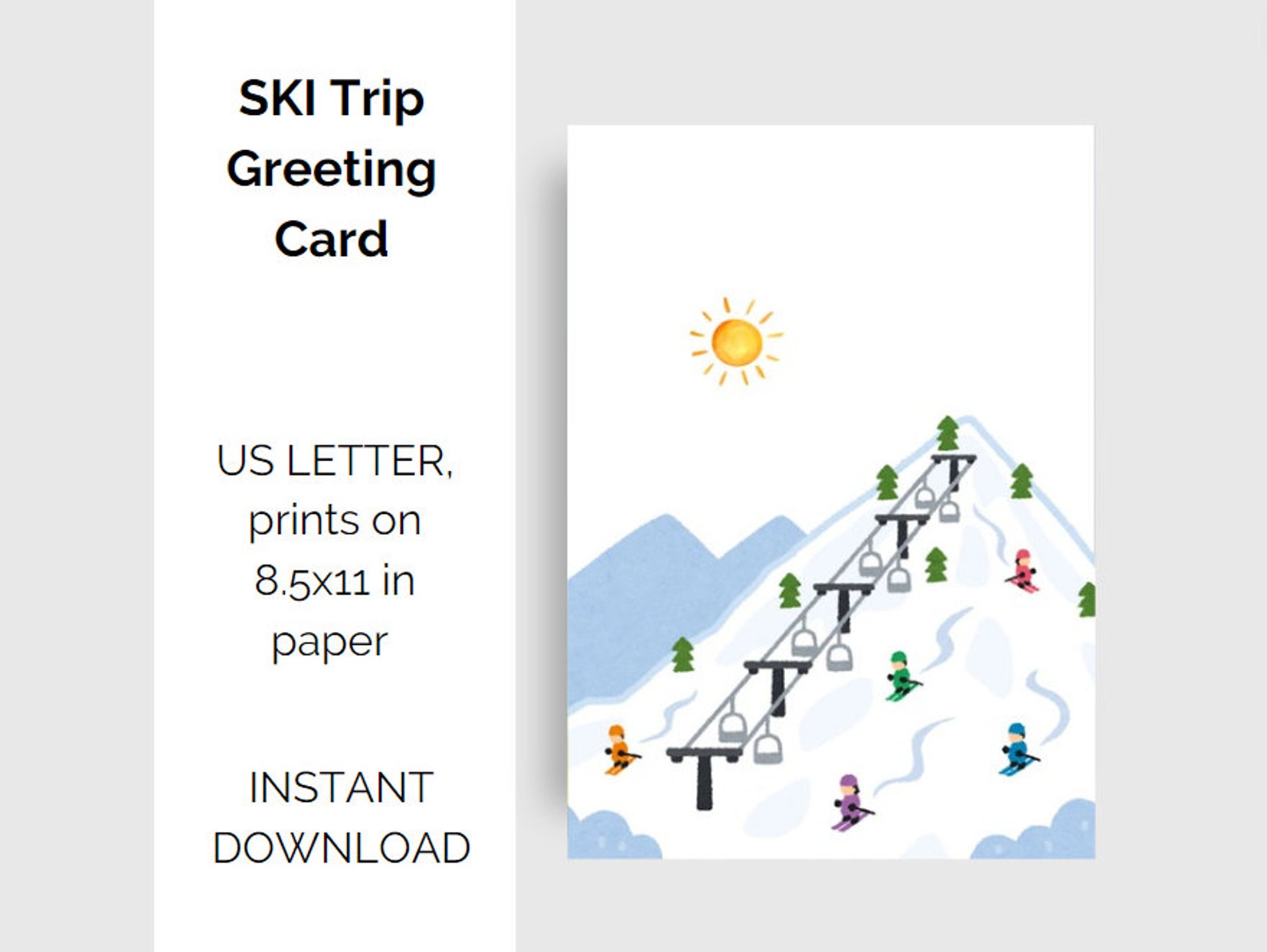 Ski Digital Printable Greeting Card, Skiing Downloadable Card, Instant ...
