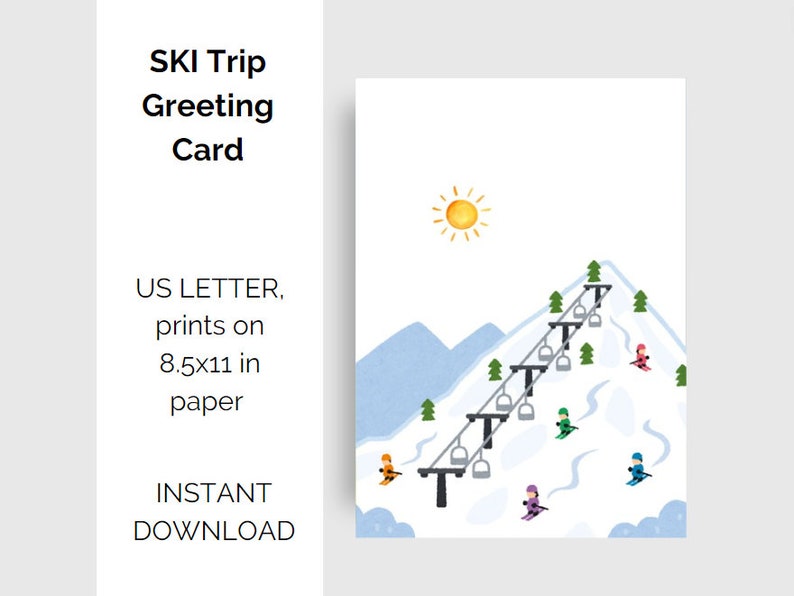 Ski Digital Printable Greeting Card, Skiing Downloadable Card, Instant ...