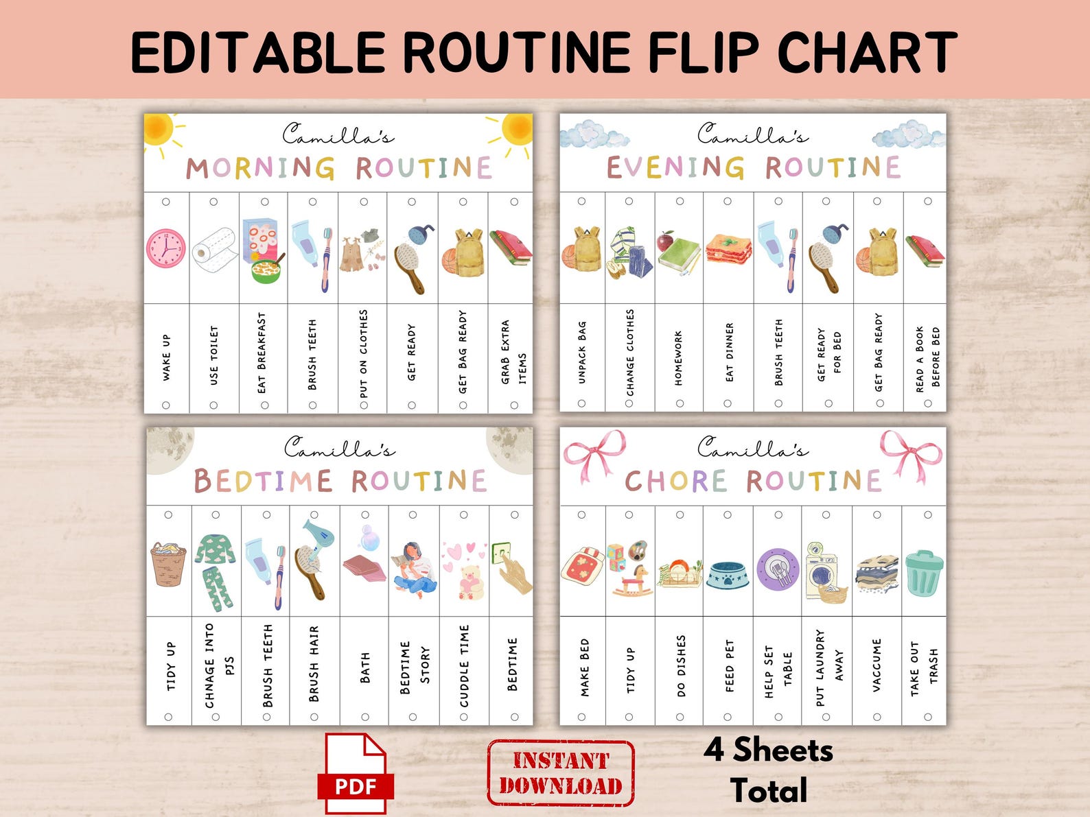 Kids' Routine Flip Chart, Morning, Bedtime, Chores (editable PDF) - Etsy