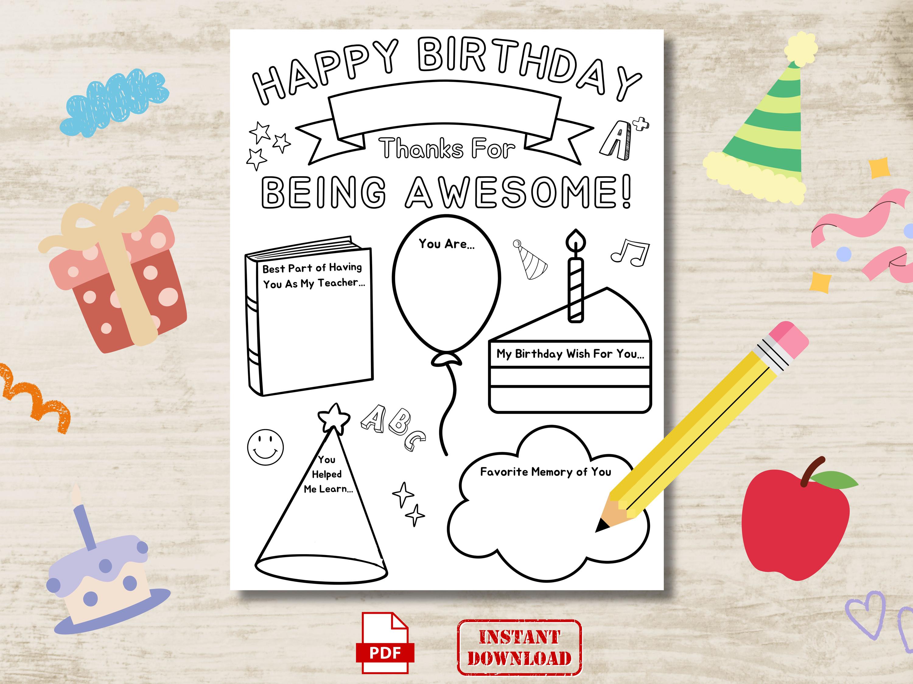 Happy Birthday Teacher Coloring Printable, Appreciation Birthday Gift ...