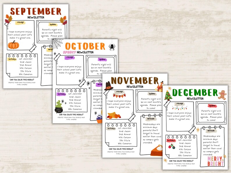 School Newsletter Template Bundle – 12 Editable Templates for Teachers ...