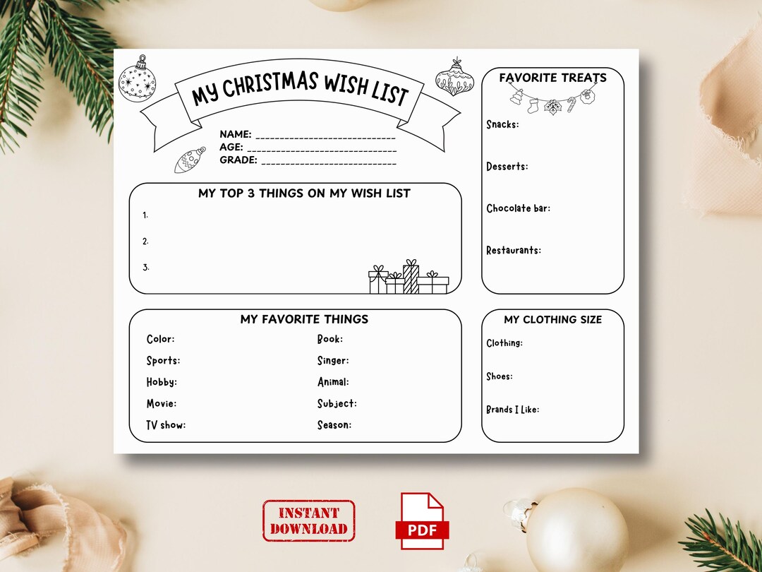 Kids Christmas Wish List Template, Christmas Questionnaire Template ...