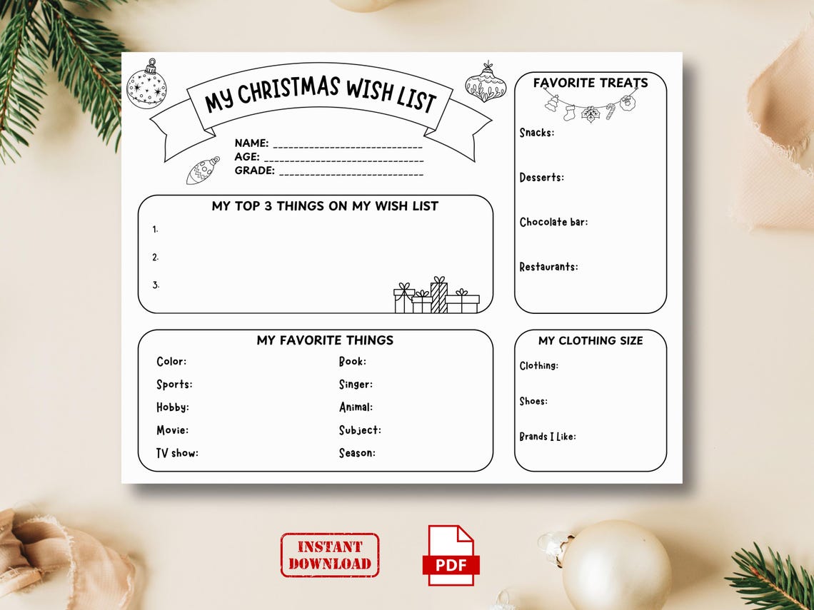 Kids Christmas Wish List Template, Christmas Questionnaire Template ...