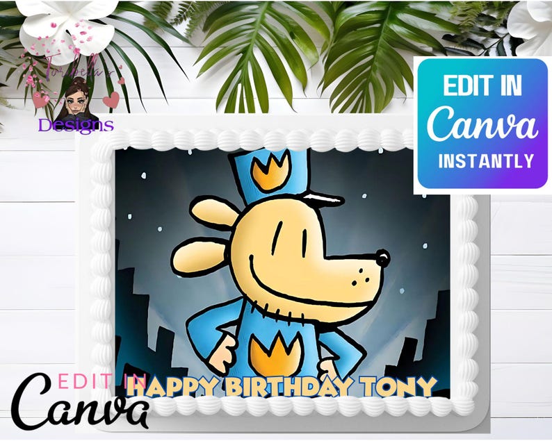 Canva Editable Police Man Dog Image Birthday Party Cartoon Cake Topper ...