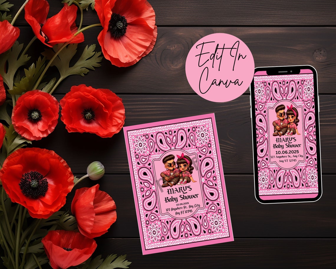 Editable Pink Bandana Homies Digital Birthday Invitation Digital ...