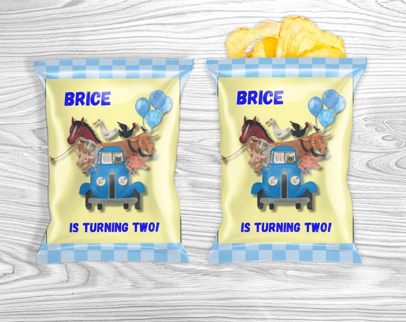 Editable Blue Truck Farm Animal Birthday Party or Baby Shower Chip or ...