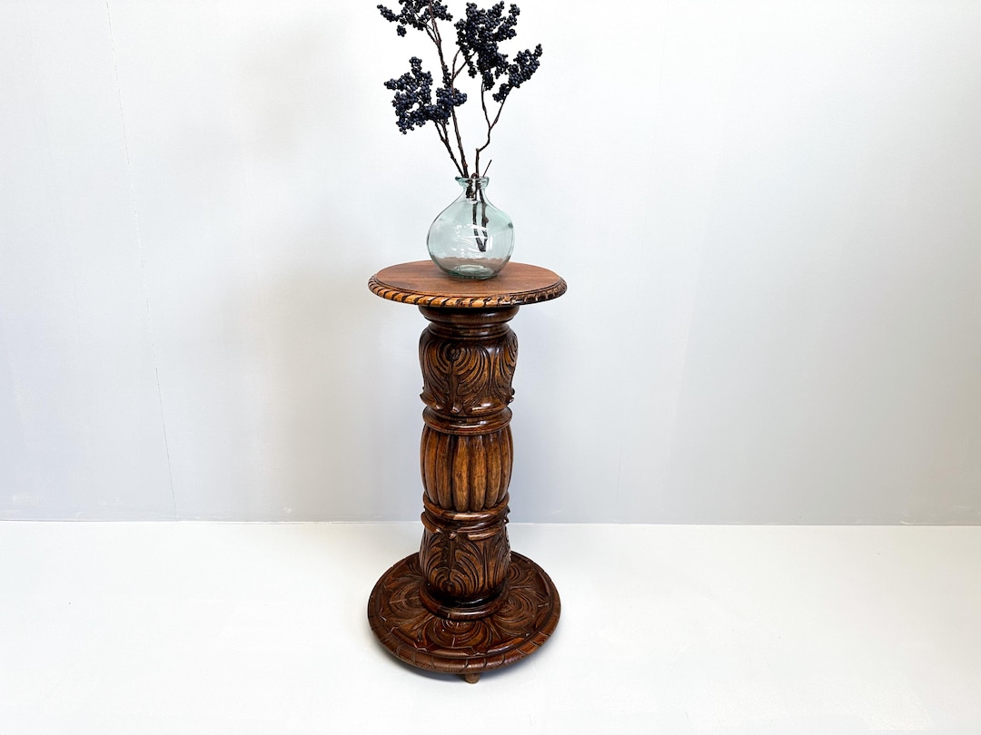 Vintage Carved Wood Pedestal | Plant Stand With Carved Decor | Column ...