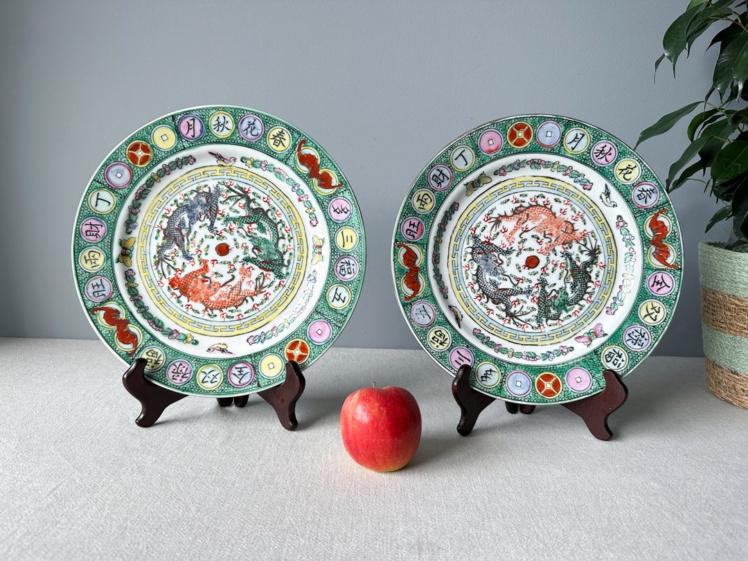 Pair of Vintage Chinese Dragon Plates – Hand Painted Porcelain – Red ...