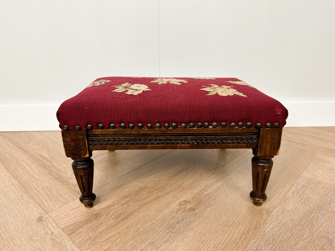 Vintage Foot Stool, Carved Wood Frame, Needlework Seat, Embroidered ...