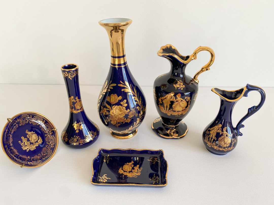 Vintage Limoges Cobalt Blue Gold Set of Six, Pitcher, Vase, Ring Plate ...