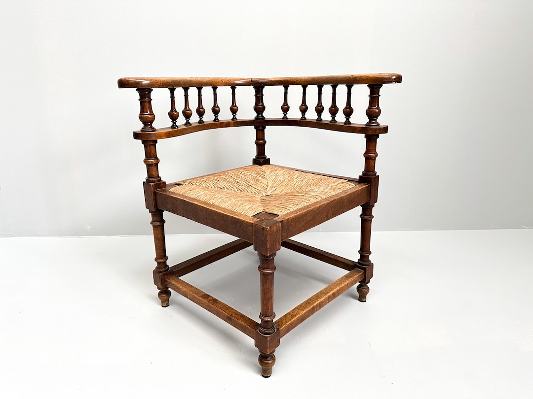 Antique Walnut Corner Chair With Spindle Back and Straw Seat ...