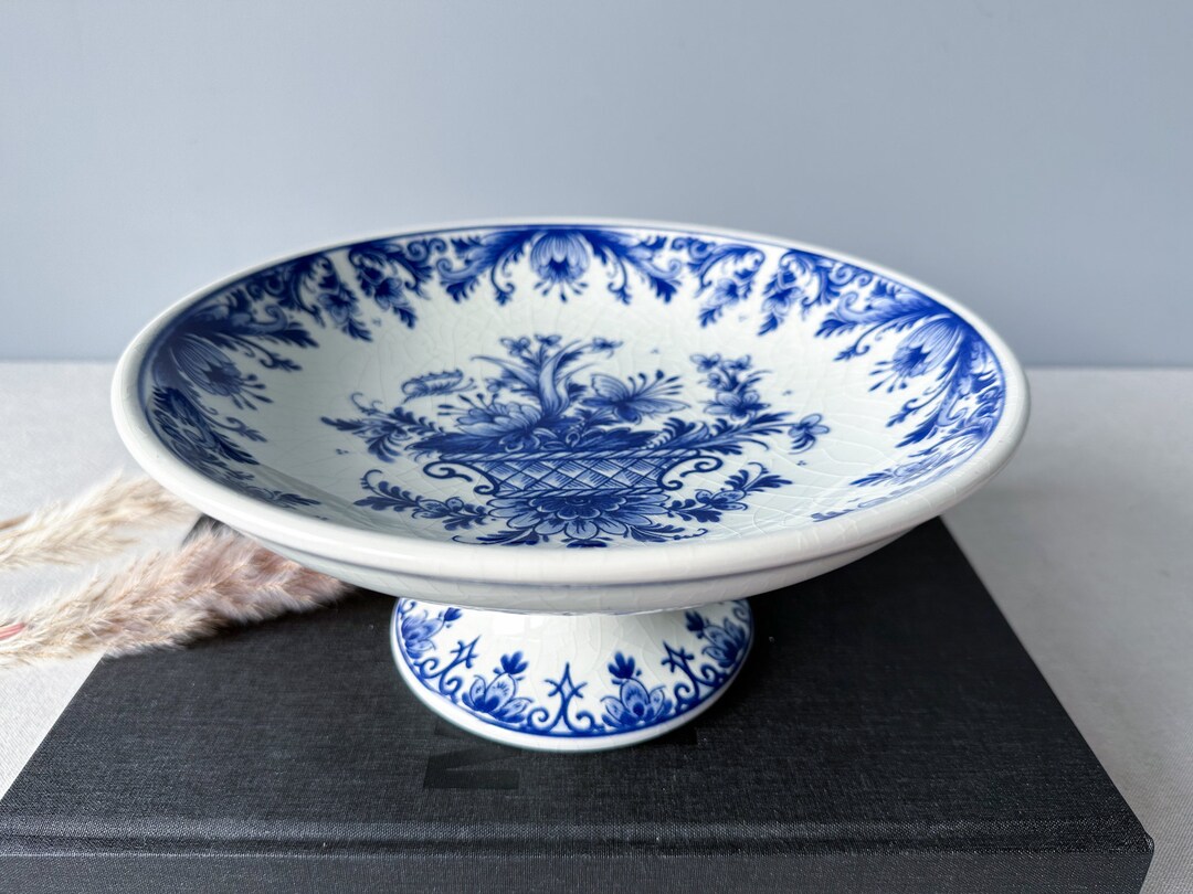 Vintage Delft Blue Hand-painted Pedestal Bowl, Delft Footed Dish ...