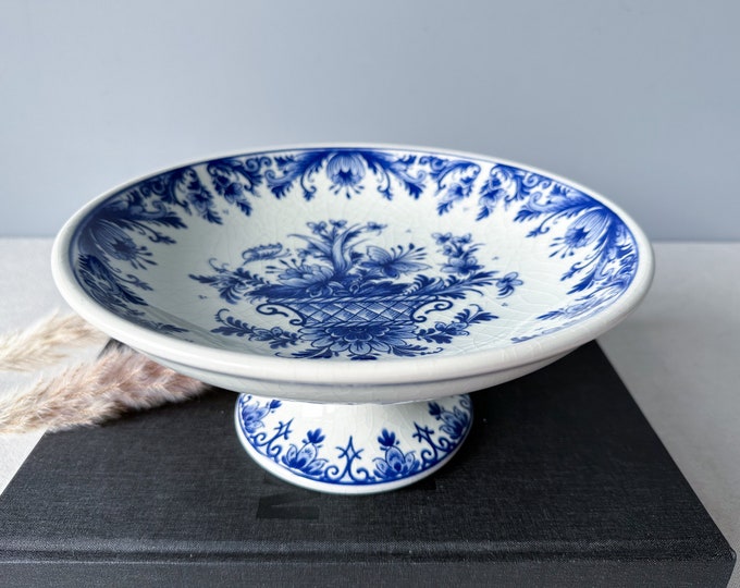 Vintage Delft Blue Hand-painted Pedestal Bowl, Delft Footed Dish ...
