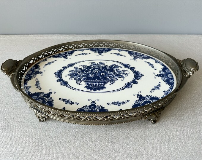 Vintage Delft Blue Tray / Platter With Metal Frame - 16" Length ...
