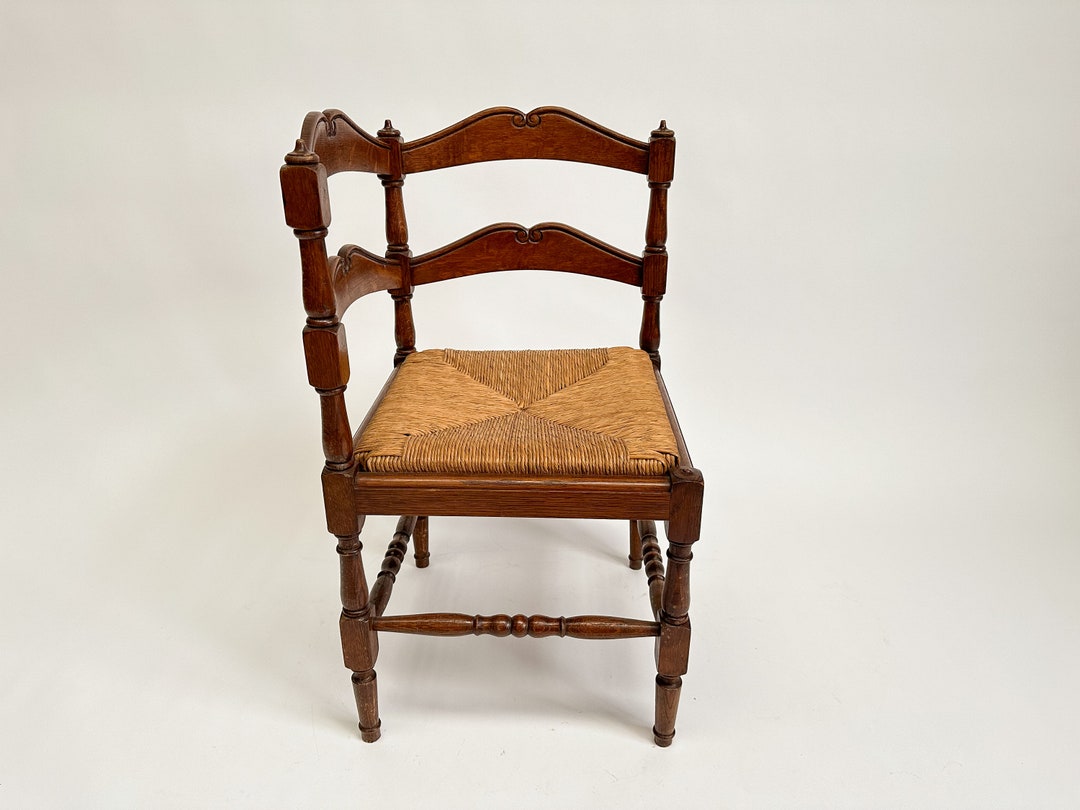 Vintage Wooden Dutch Corner Chair With Rush Seat, Farmhouse Decor ...