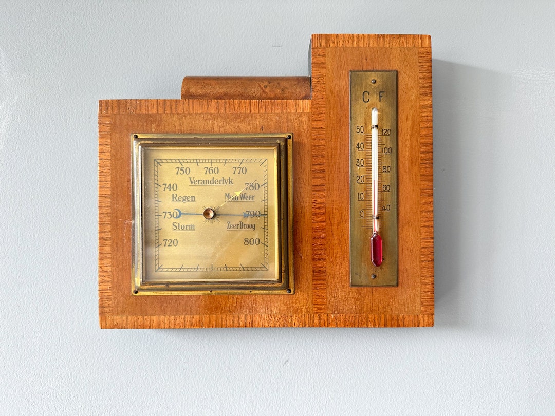Antique Wooden Art Deco Weather Station, Barometer With Thermometer ...