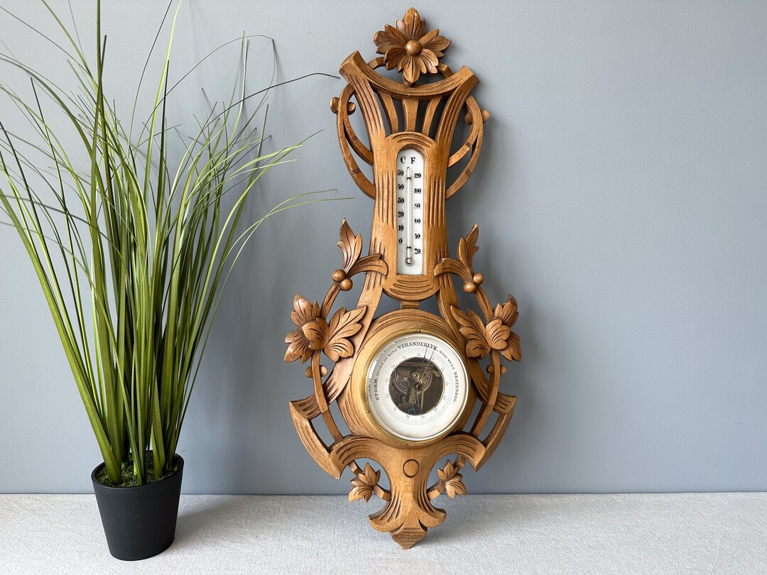 Vintage Unique Carved Wood Barometer, Vintage Weather Station, Wall ...