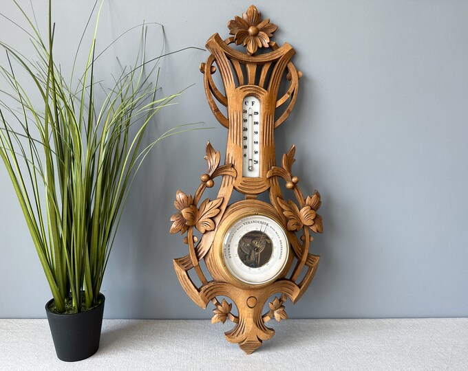 Vintage Unique Carved Wood Barometer, Vintage Weather Station, Wall ...