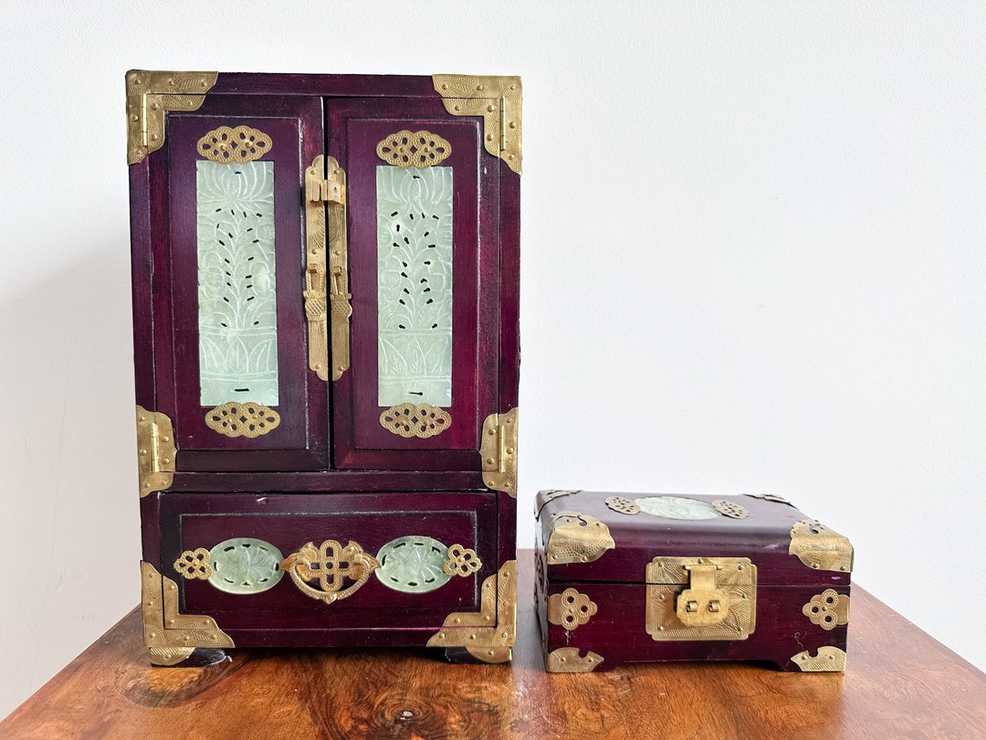 Two Vintage Chinese Rosewood Jewelery Boxes With Hardstone Inset Panels ...