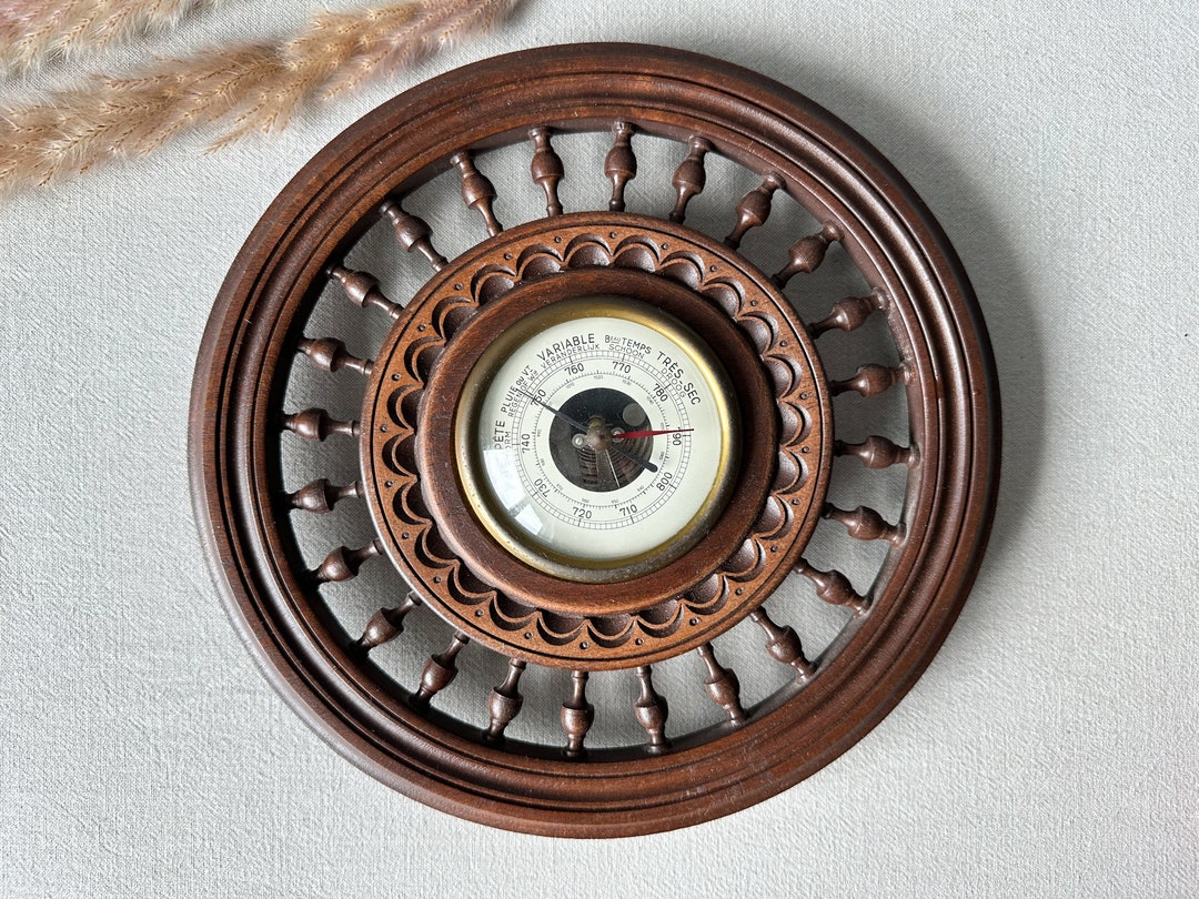 Vintage Wood Barometer, Vintage Weather Station, Wall Ornament, Carved ...