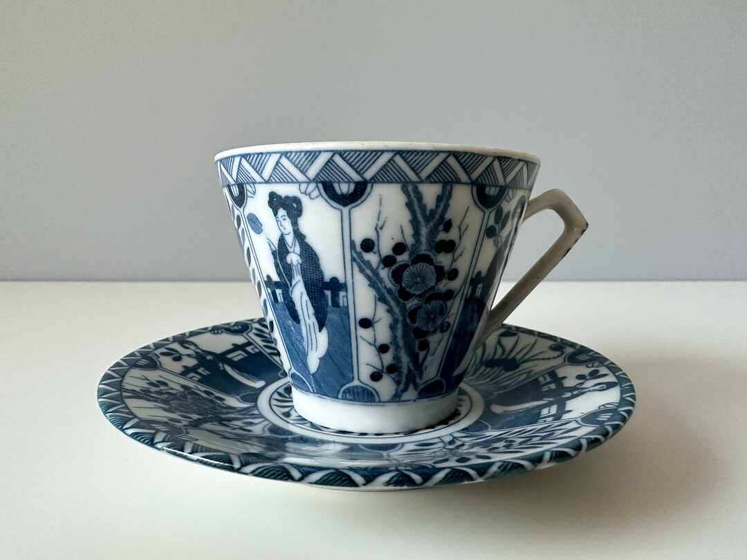 Vintage Chinese Porcelain Tea Cup and Saucer, Blue and White Tea Set ...