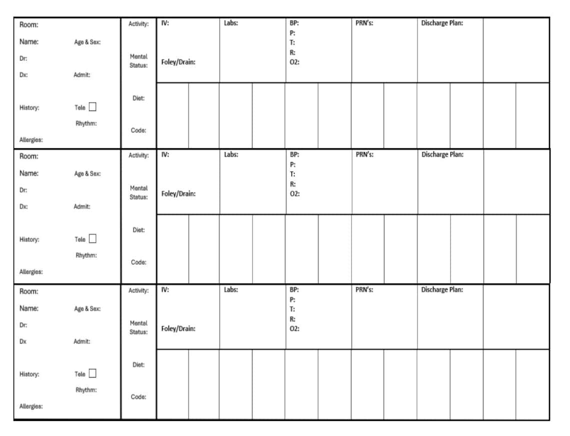 Med Surg/telemetry 3 Patient Nurse Report Sheet - Etsy