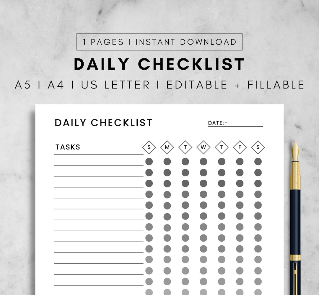 Daily Checklist Printable &amp; Fillable Daily to Do List - Etsy Singapore