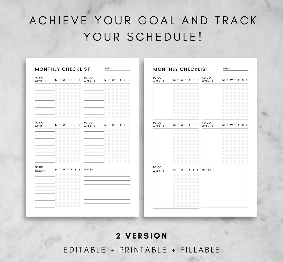 Monthly Checklist Printable & Fillable Monthly to Do List - Etsy