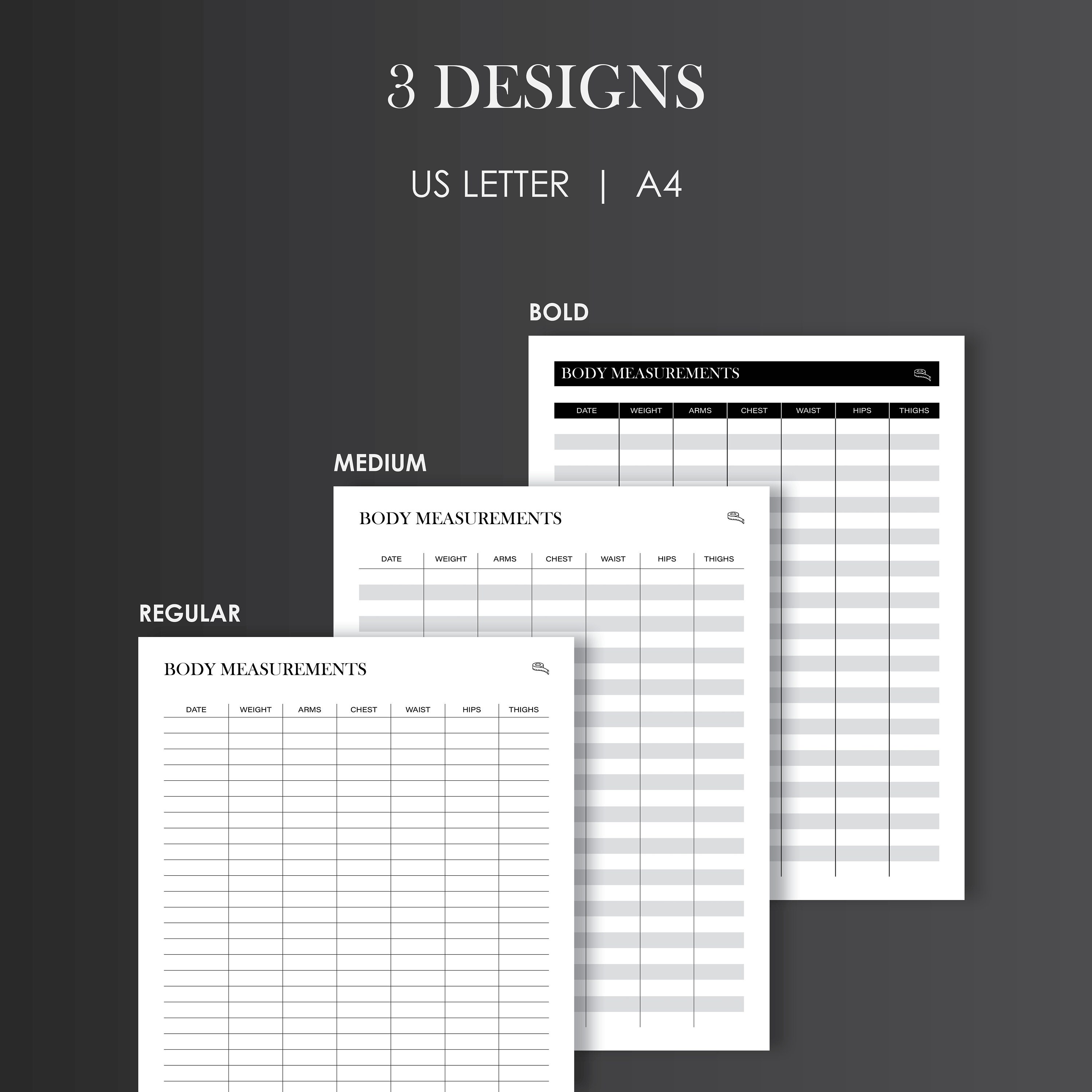 Printable Body Measurement Template: Track Progress, Journal (LETTER ...