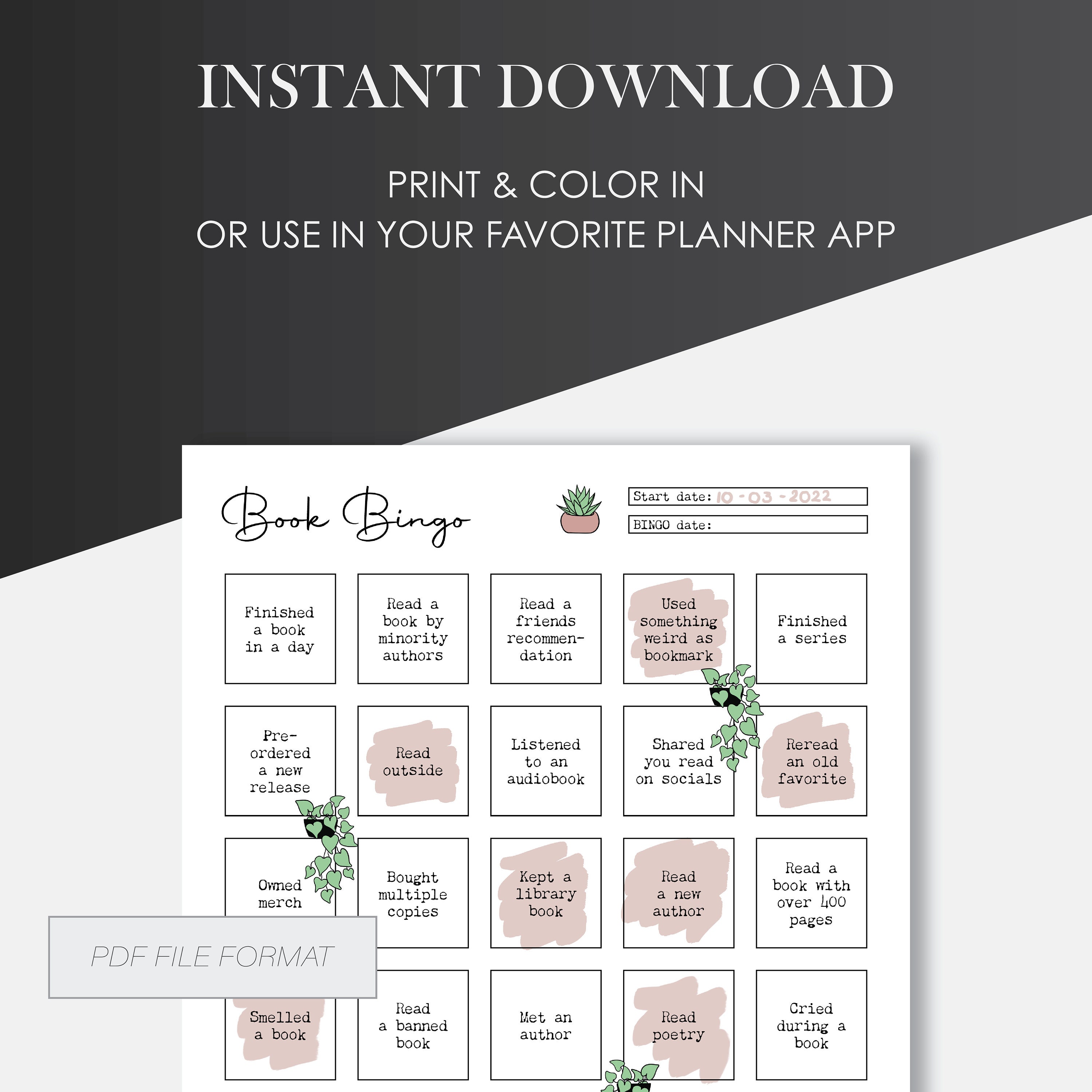 Printable Book Bingo Template: Reading Challenge (LETTER, A4, A5) - Etsy