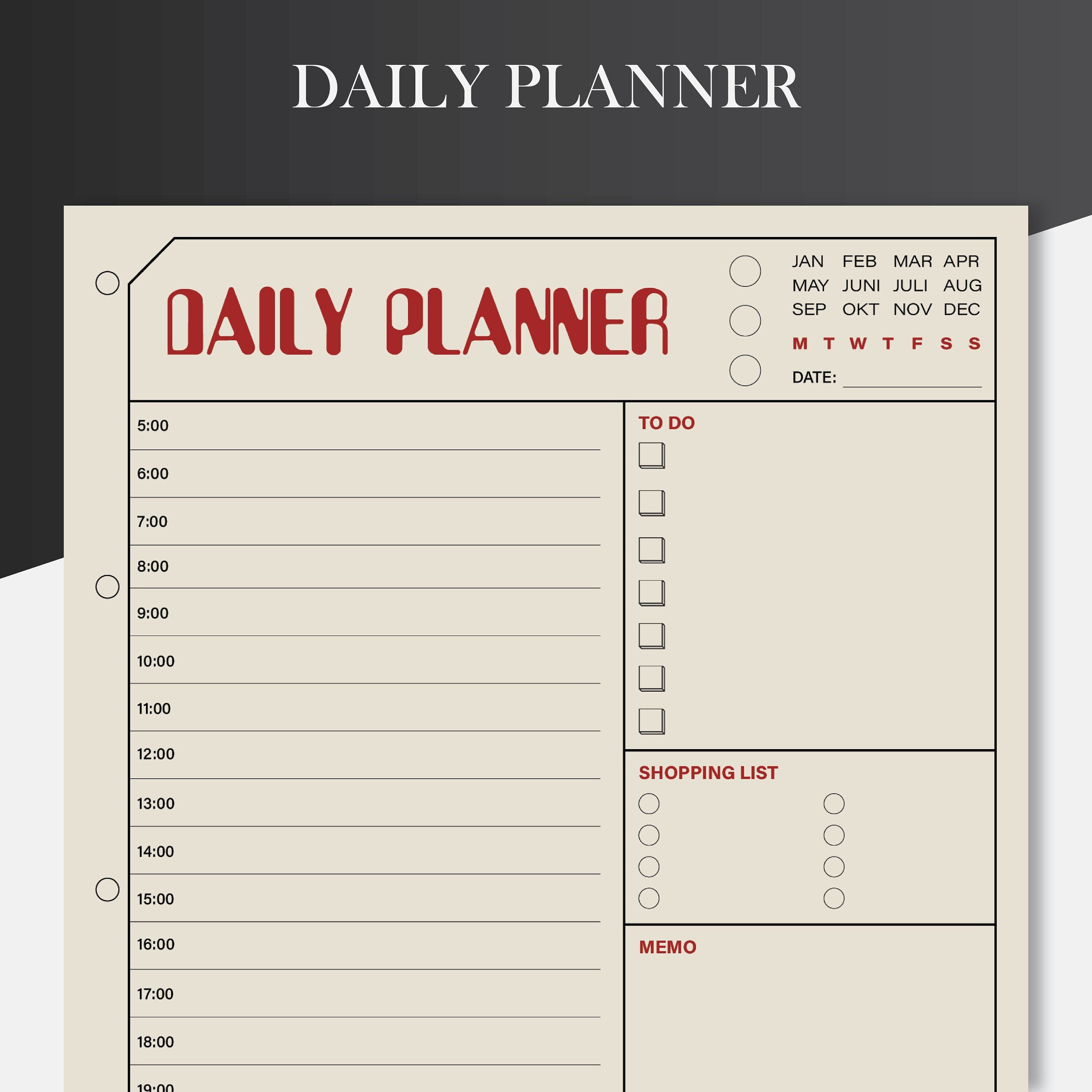 Printable Daily Planner, Day Planner, Vintage & Ink Saving PDF. HALF ...